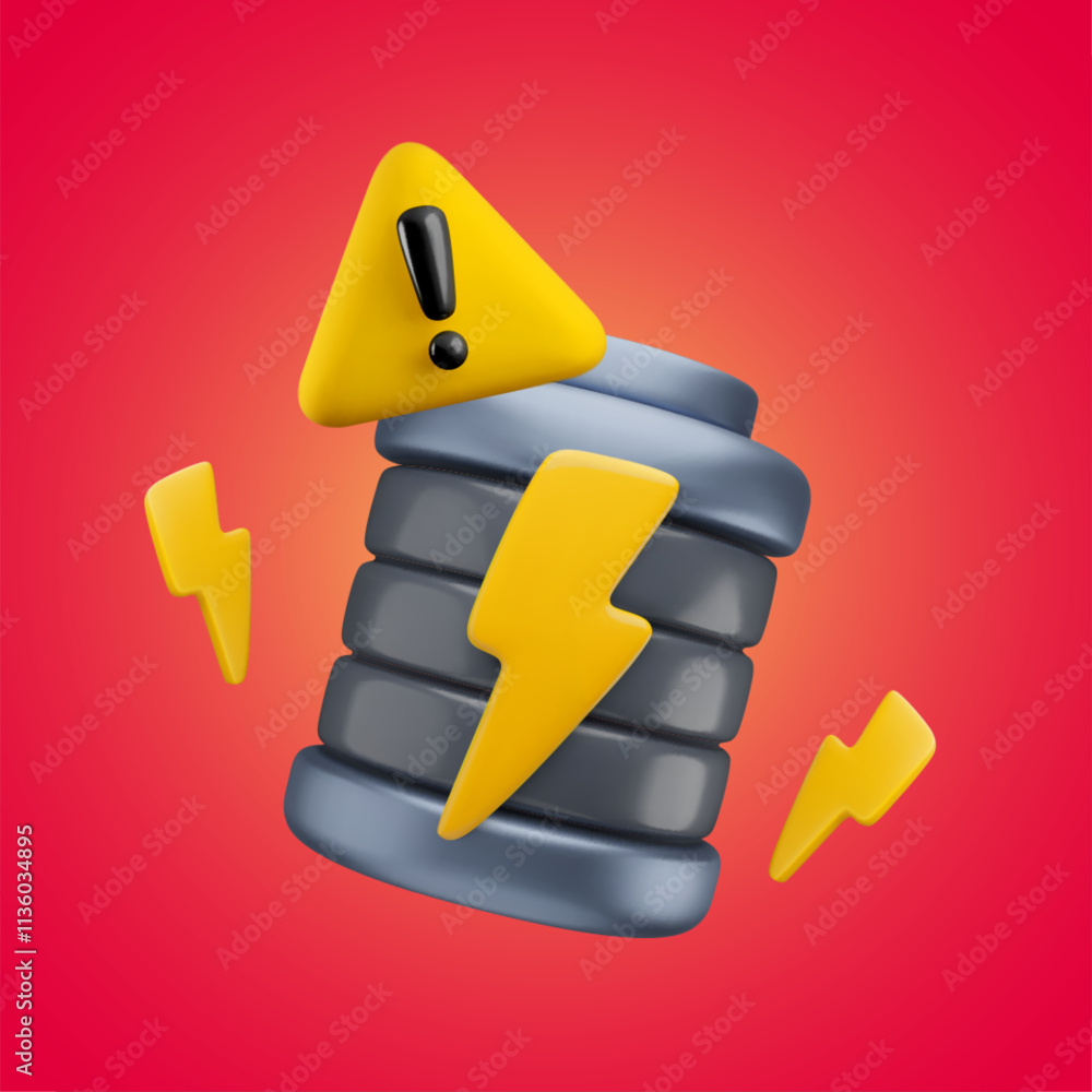 Vector cartoon 3d charging battery with warning sign, lightning on red ...
