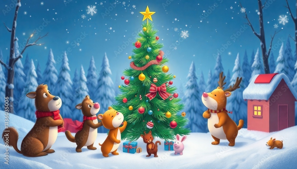 Whimsical Scene with Animated Animals Decorating a Christmas Tree in a ...