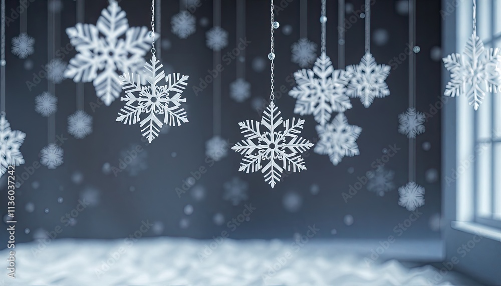 Festive 3d Snowflakes Hanging in the Air with a Subtle Snow-Covered ...