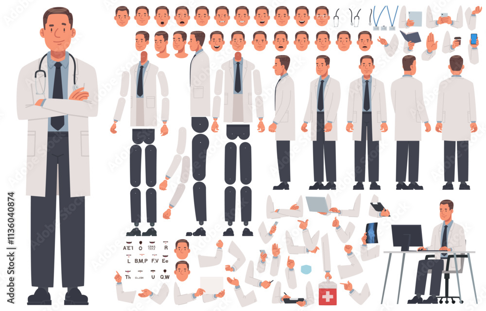 Male doctor character constructor. Set of different hand, leg and body positions to create ...
