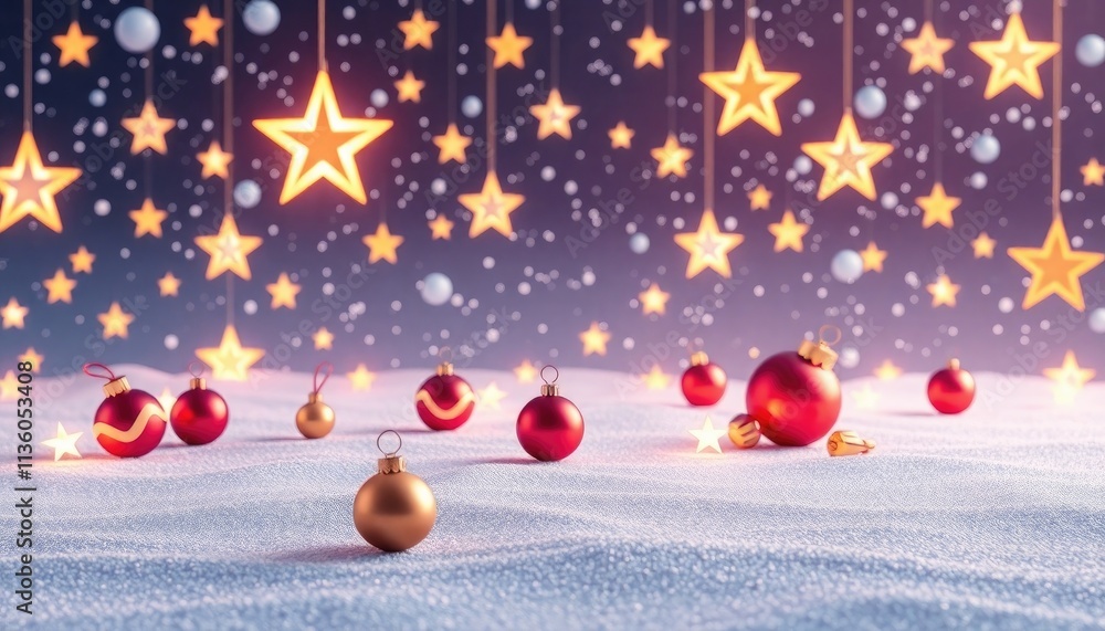 3d Abstract Christmas Scene with Glowing Stars and Ornaments Scattered ...