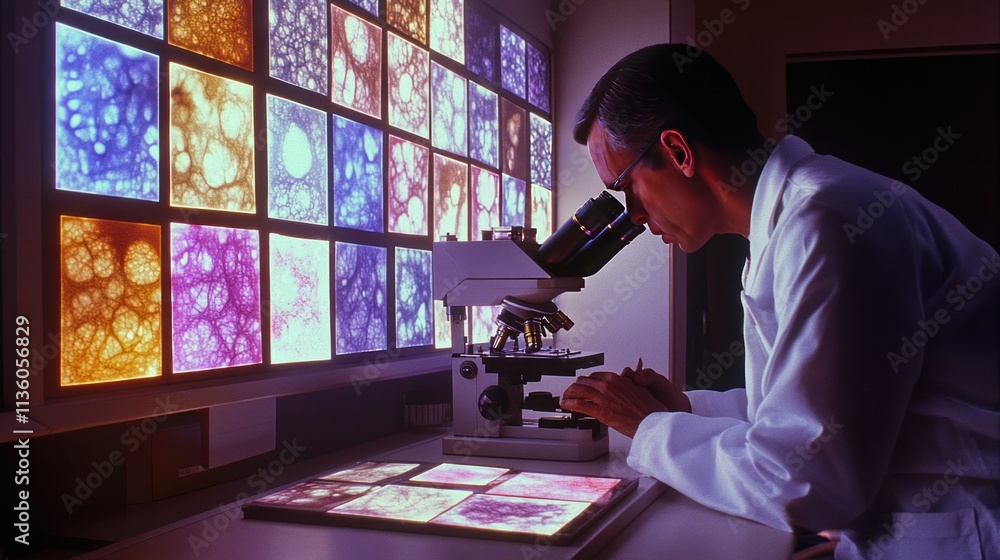 Anatomic pathology lab: tissue samples on slides, pathologist looking ...