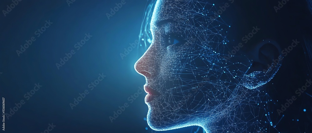 Person s face mapped by a biometric face recognition interface, digital ...