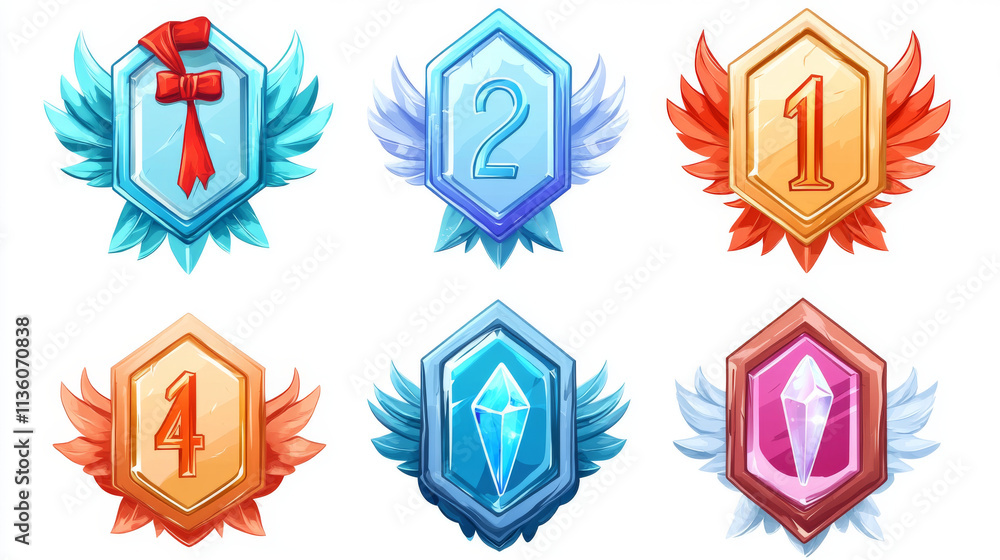 Game ice badges with level number. Achievement rank emblems, frozen ...