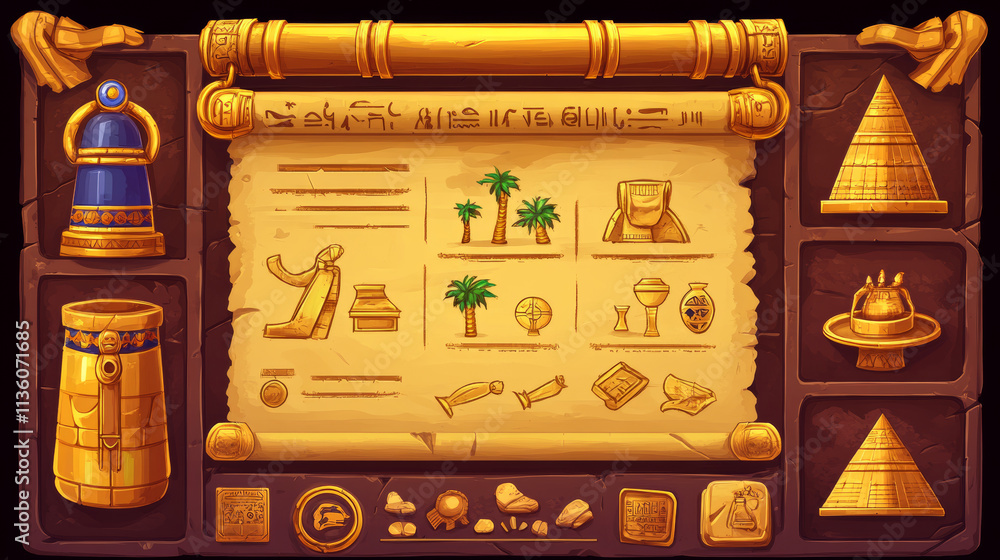 Egypt ui game interface vector button icon set. Egyptian gui menu ...