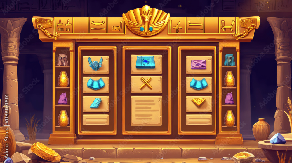 Egypt ui game interface vector button icon set. Egyptian gui menu ...