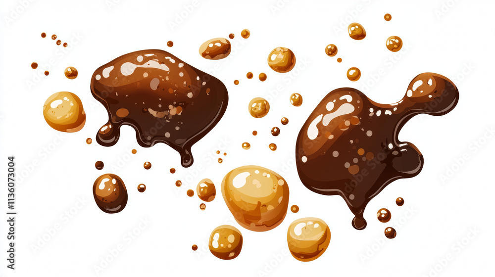 Spill soy or teriyaki hot sauces puddles and drippings. Isolated brown ...