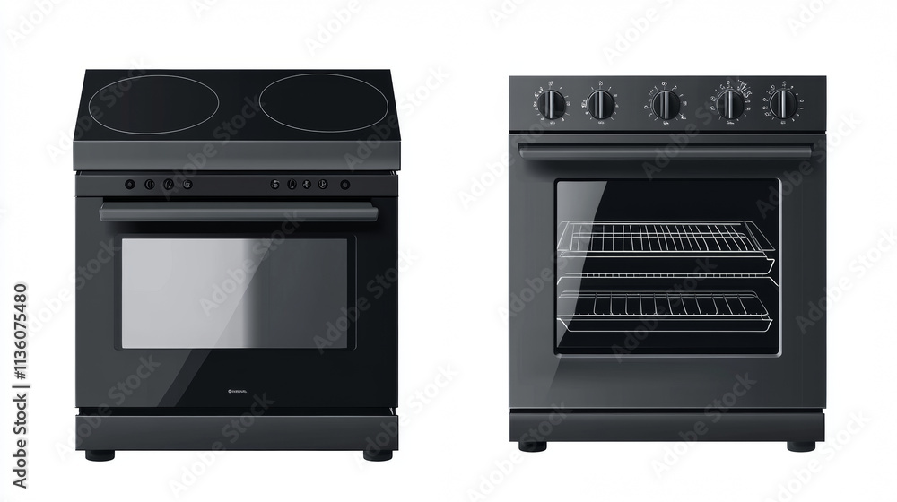 Electric stove, induction cooking panel with oven front and top view ...