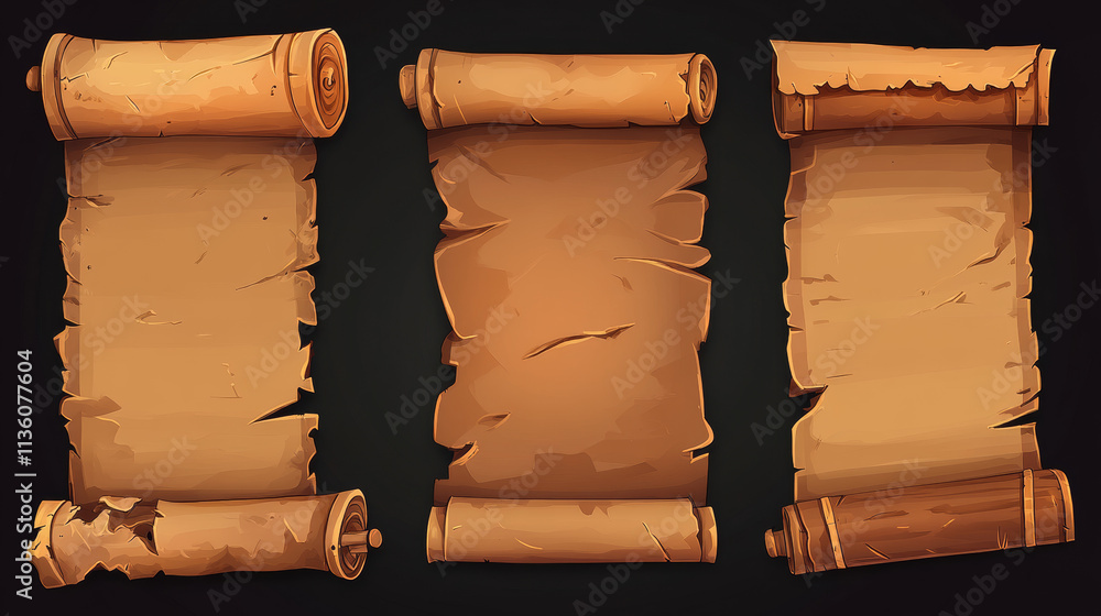 Parchment scroll for game ui design. Cartoon vector illustration set of rolled empty old papyrus ...
