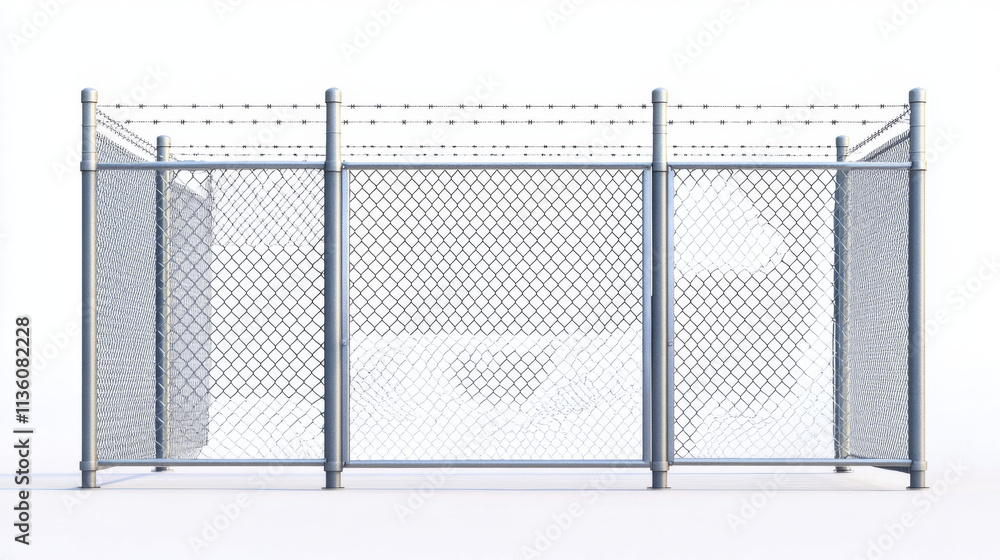 Fence with barbed wire, metal grid with gate. Steel fencing segments ...
