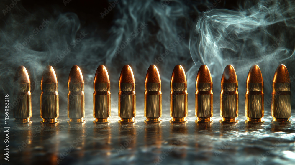 Flying bullets with smoke traces from gun shot. Vector realistic set of ...