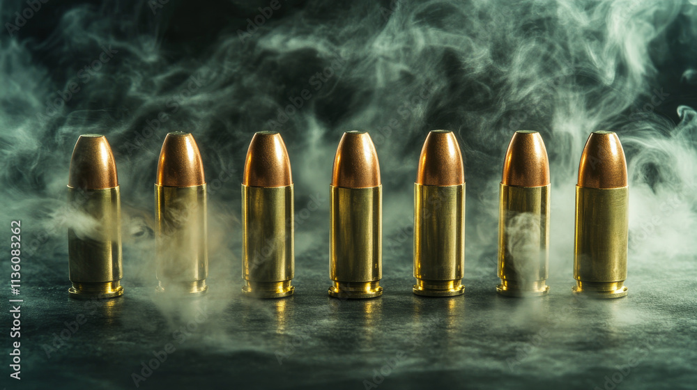 Flying bullets with smoke traces from gun shot. Vector realistic set of ...