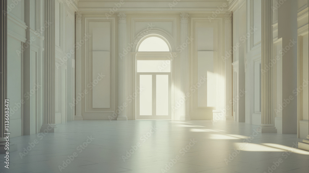 Arches with columns and illuminated blank signboards in wall ...