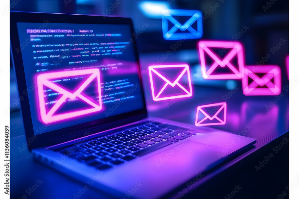 Laptop displaying email icons and code. Stock Illustration | Adobe Stock