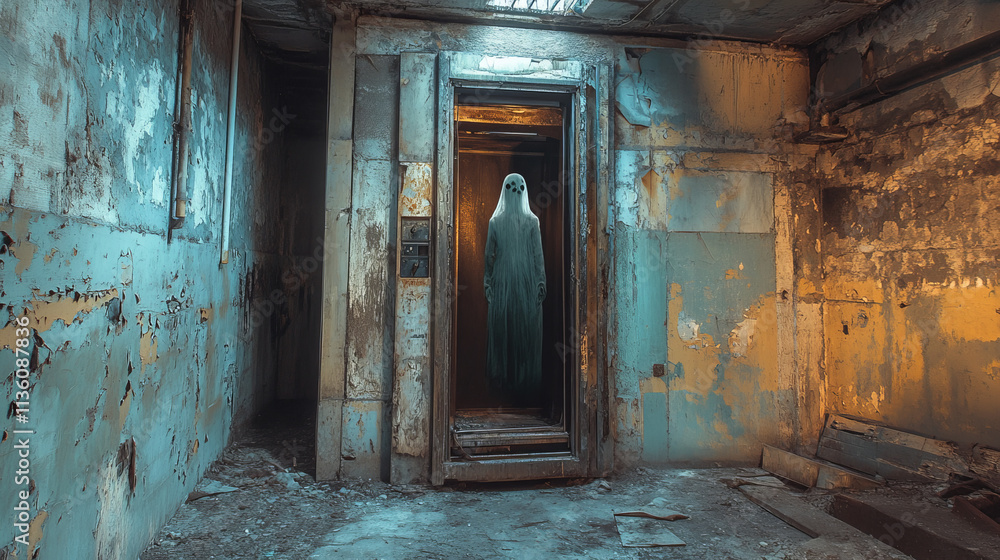 Horror banner with ghost stand in broken elevator. Haunted house with ...