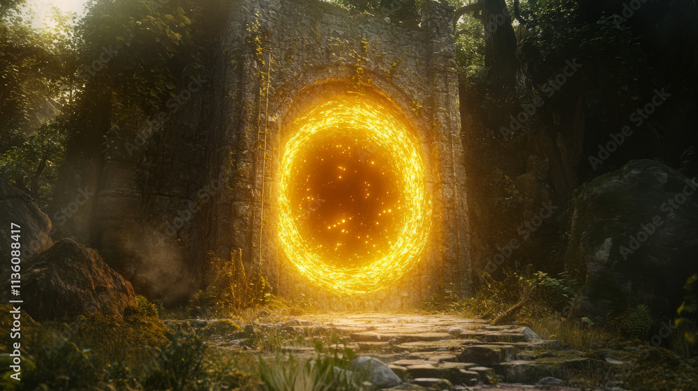 Magic portal with stone doorway and yellow glow vortex. Cartoon vector ...