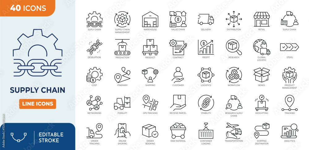 Supply chain line editable icon set. contain icons related to supply ...