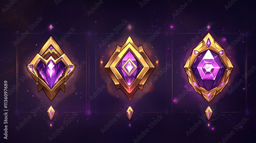 Ilustrace Process of golden badge with purple diamond evolution for ...