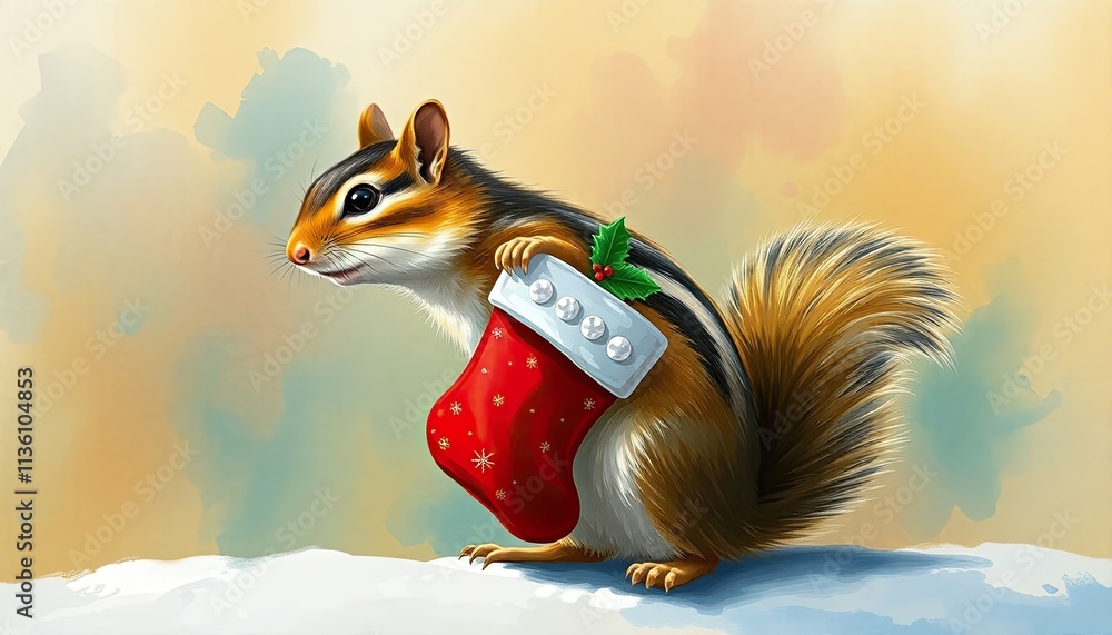Chipmunk with a Christmas Stocking on Its Tail. Carrying Holiday Treats ...