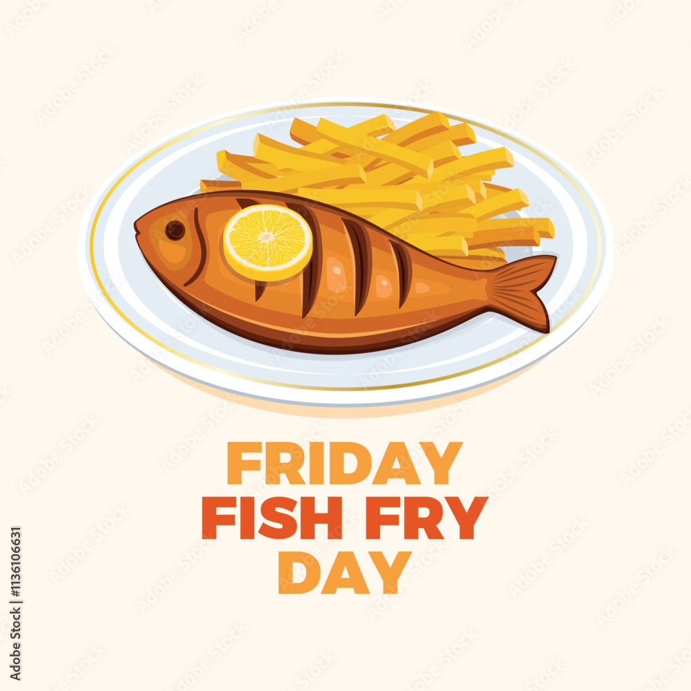 Friday Fish Fry Day poster vector illustration. Grilled whole fish and ...