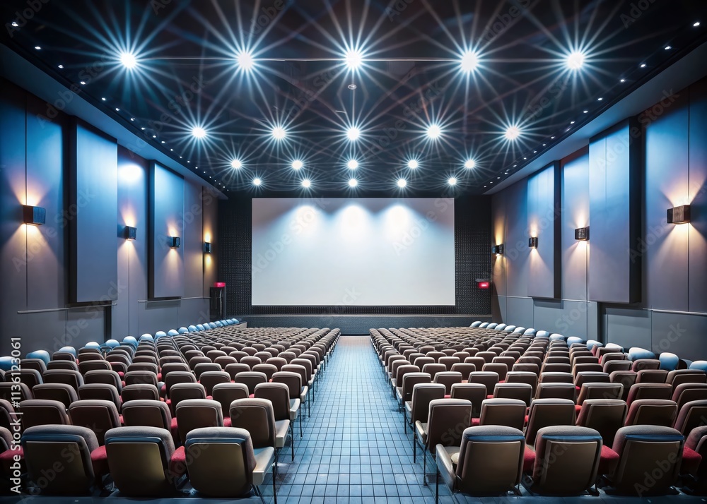Empty Cinema Hall with Blank White Screen Mockup and Rows of Vacant ...
