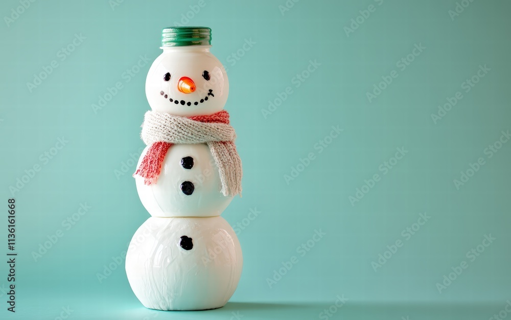 A snowman built from milk bottles stacked vertically with painted eyes ...