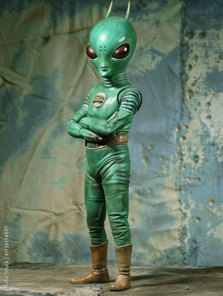 Retro 1960s 1950s style vintage space alien little green man on another ...