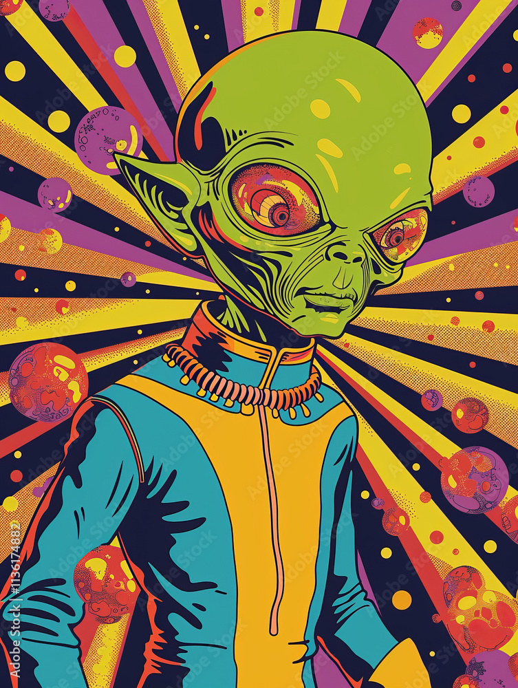 Retro 1960s 1950s style vintage space alien little green man on another ...