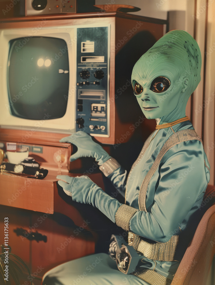 Retro 1960s 1950s style vintage space alien little green man on another ...