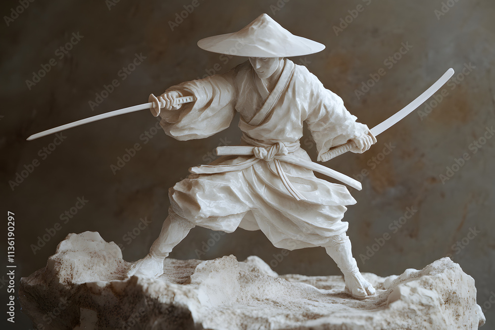 Marble Samurai statue, old japanese hero sculputre, asian stone soldier ...