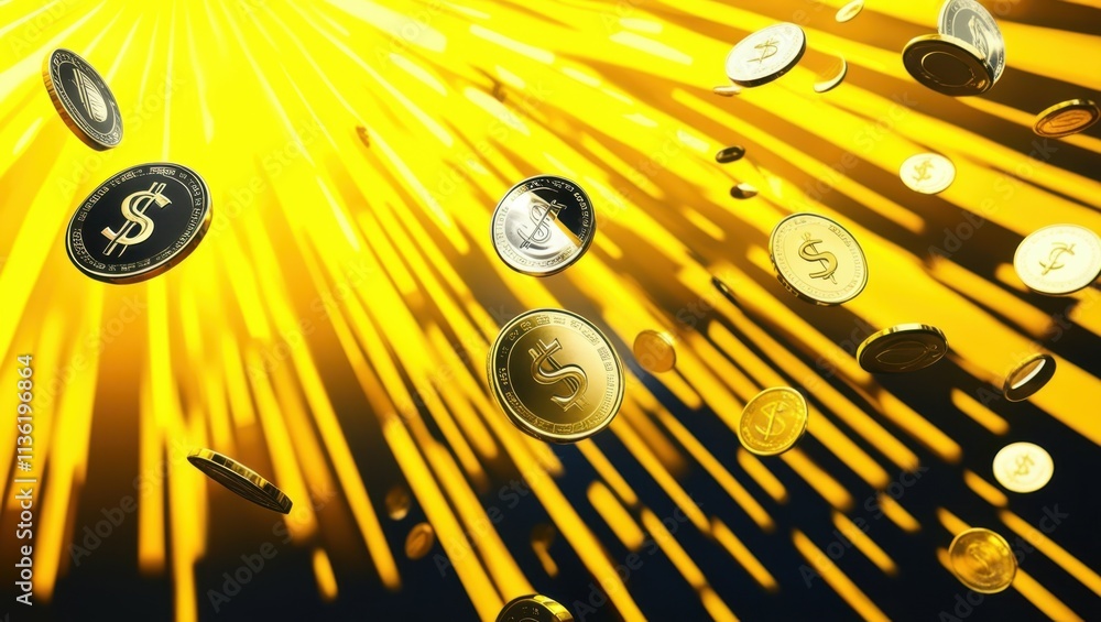 Golden coins, radiant sunburst background, falling money, dynamic ...
