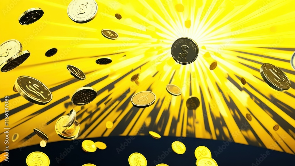 Golden coins, radiant sunburst background, falling money, dynamic ...