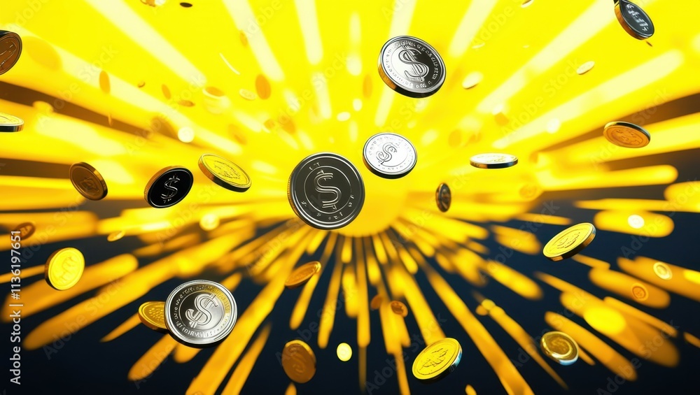 Golden coins, radiant sunburst background, falling money, dynamic ...