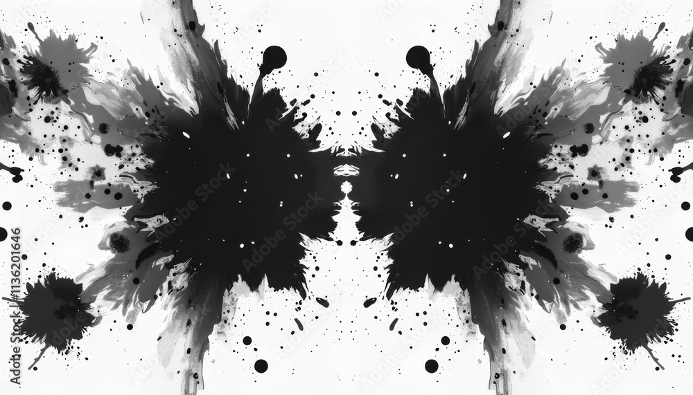Symmetrical monochrome ink blots resembling Rorschach inkblots with ...