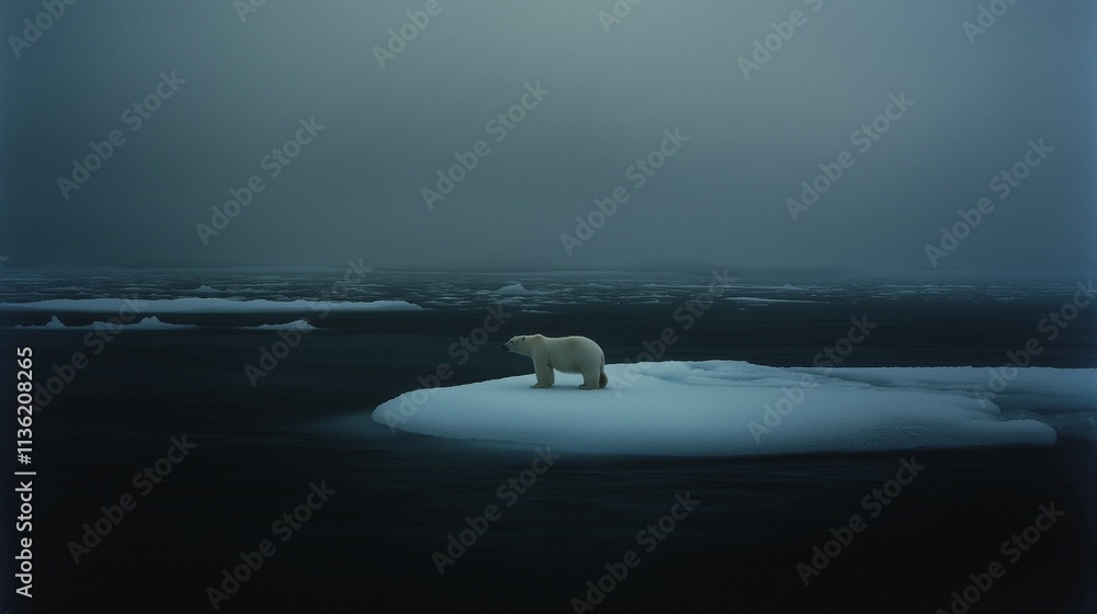 Ilustración de Stock Polar bear on shrinking ice floe in dark Arctic ...