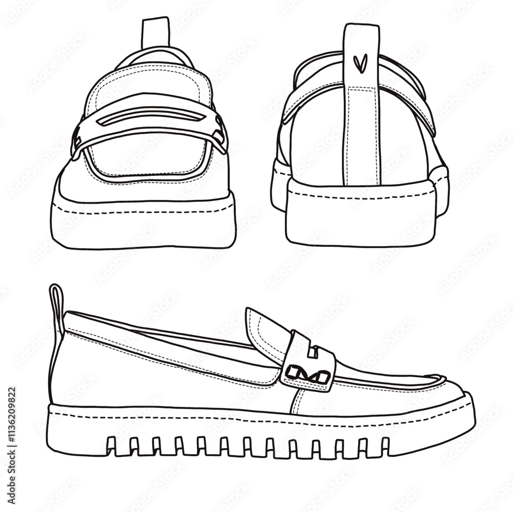 Women's Slip-on Loafer with strap Pairs Shoes Line art, Technical ...