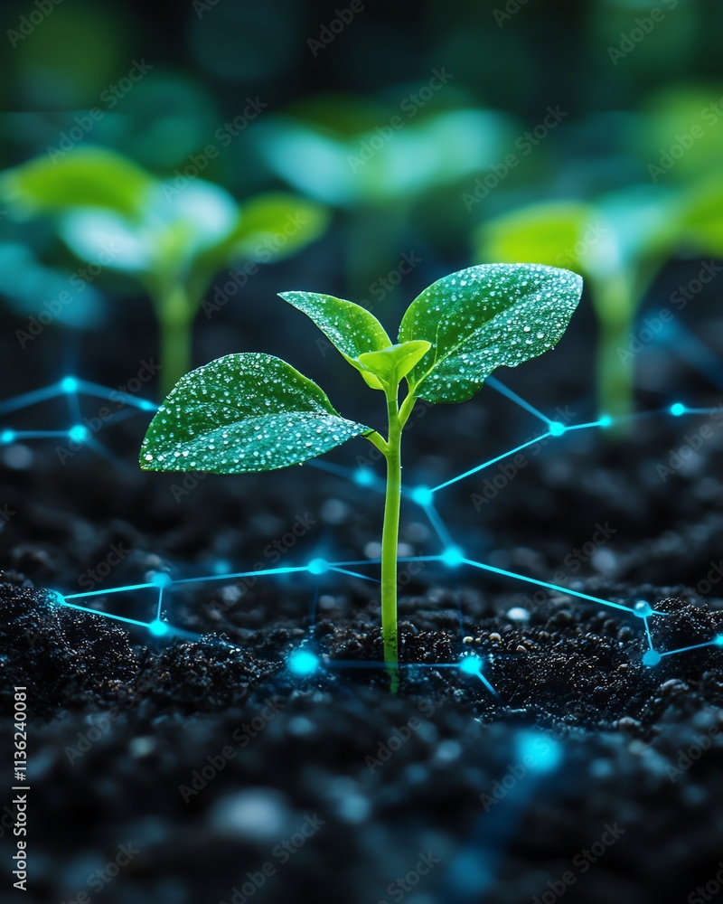 Fresh green plants pushing through dark soil, highlighted by dynamic ...