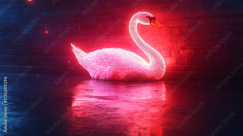 Neon glowing outline of a swan with electric bright lines on a modern ...