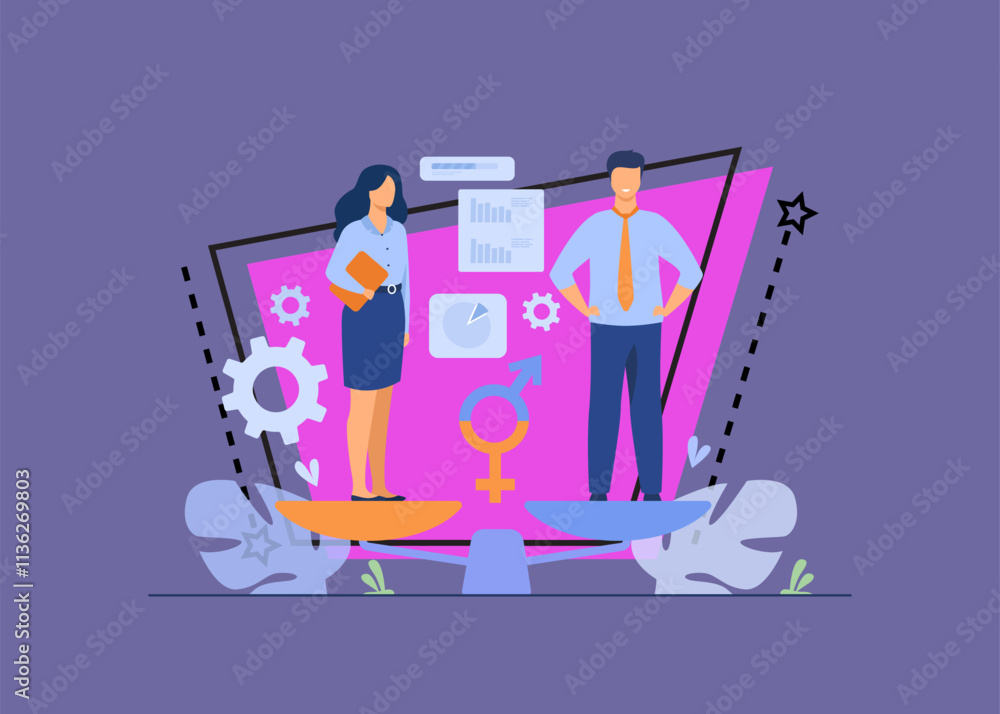 Gender equality concept. Equal business man and woman on balance scale ...