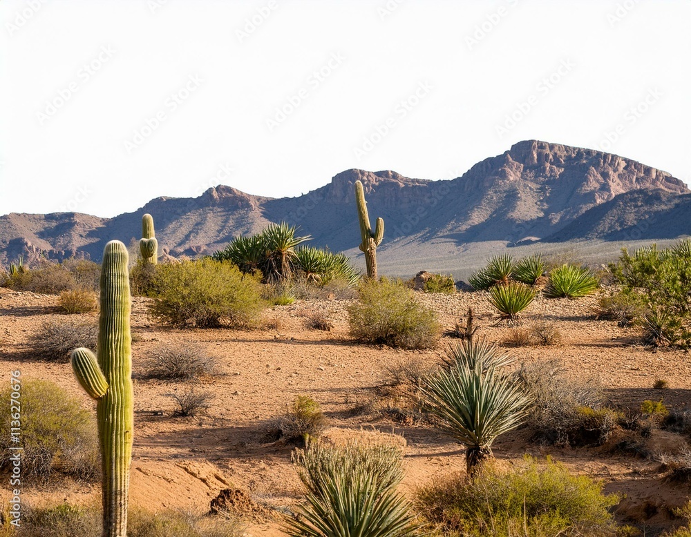 Desert landscape with cacti, mountains, and sandy terrain, isolated transparent background ...