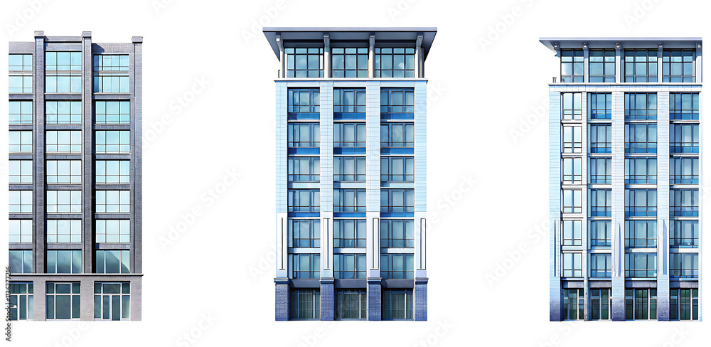 Set of tall office building realistic image on white background.AI ...