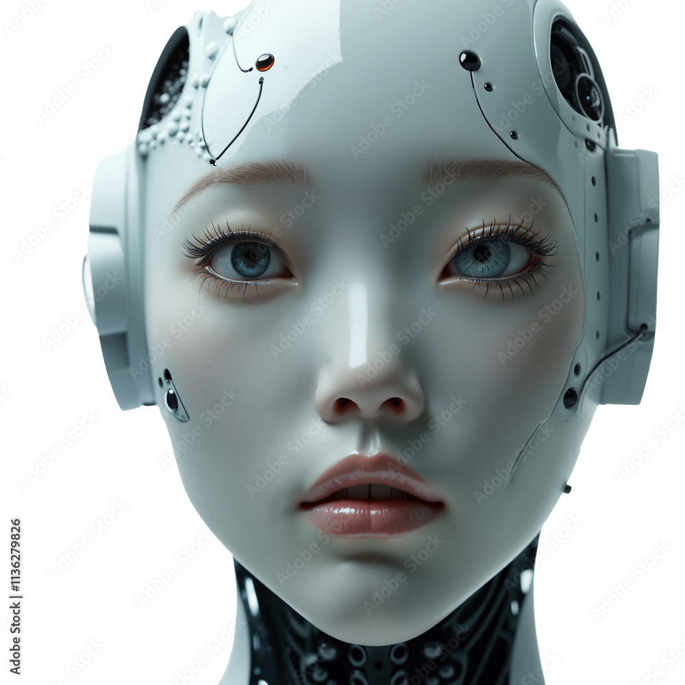 A close-up, digitally rendered portrait of a female robot's face. Her ...