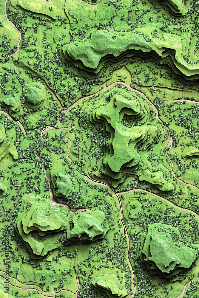 Technical GIS map of a savannah region rendered from LiDAR data with elevation vegetation and ...