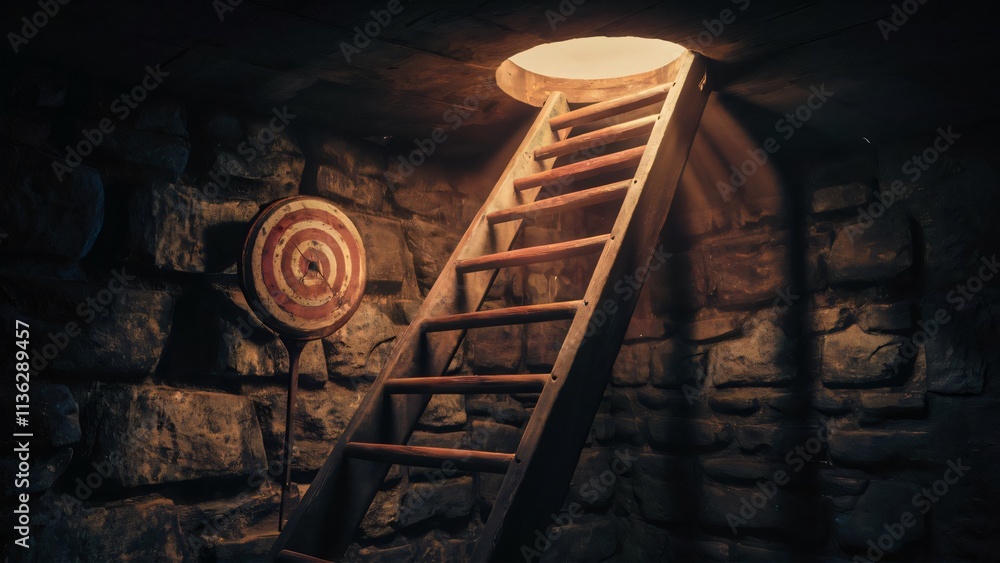 Mysterious Stone Cellar with Wooden Ladder and Target, Escape Room ...