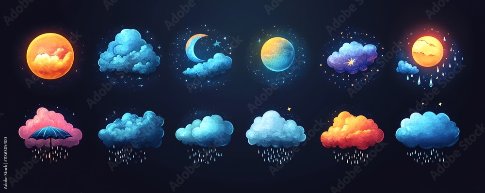 Colorful, stylized weather icons representing sunny, rainy, cloudy, and ...