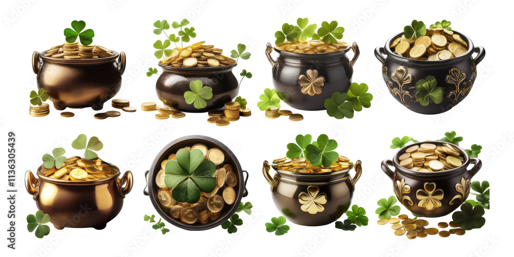 Lucky Pots with Gold and Clover Leaves,PNG set collection, isolated on ...