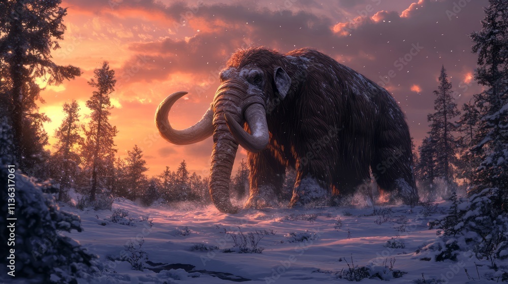 Realistic brown wooly mammoth standing in a prehistoric mountainous ...