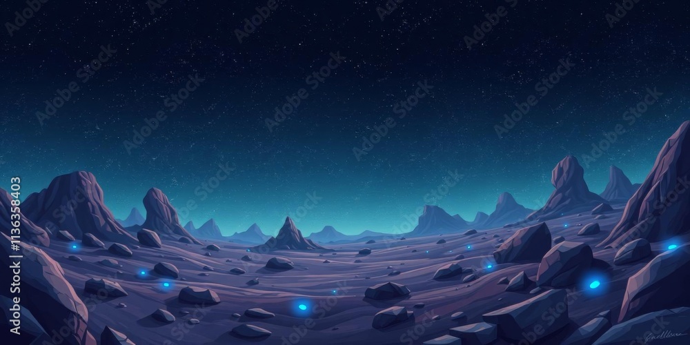 Night landscape of alien planet with flying rocks and glowing blue ...