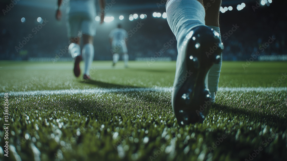 Rear view of feet and boots of soccer player during match game in ...
