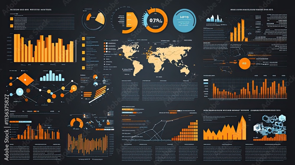 Infographic dashboard with charts, graphs, and world map displaying ...